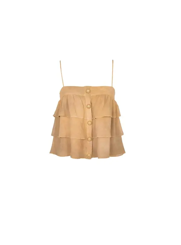 Balmain Strappy Silk Top With Ruffles And Gold-embossed Buttons - Beige