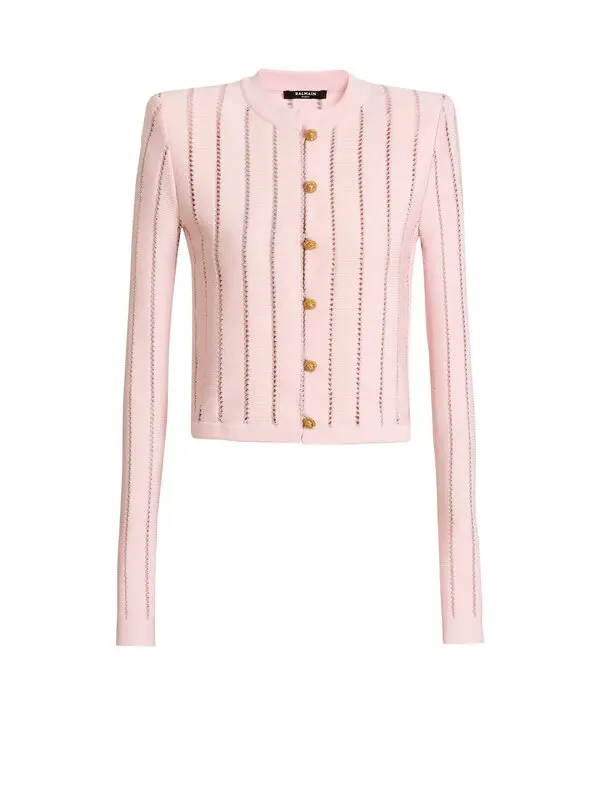 Balmain Cropped Fléchage Knit Cardigan With Lion Head Buttons