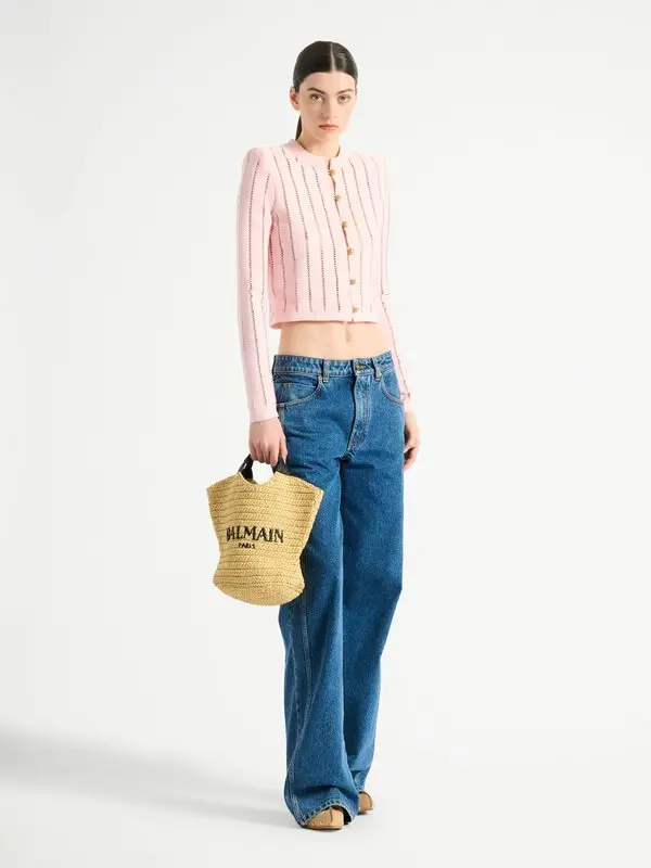 Balmain Cropped Fléchage Knit Cardigan With Lion Head Buttons - Pink