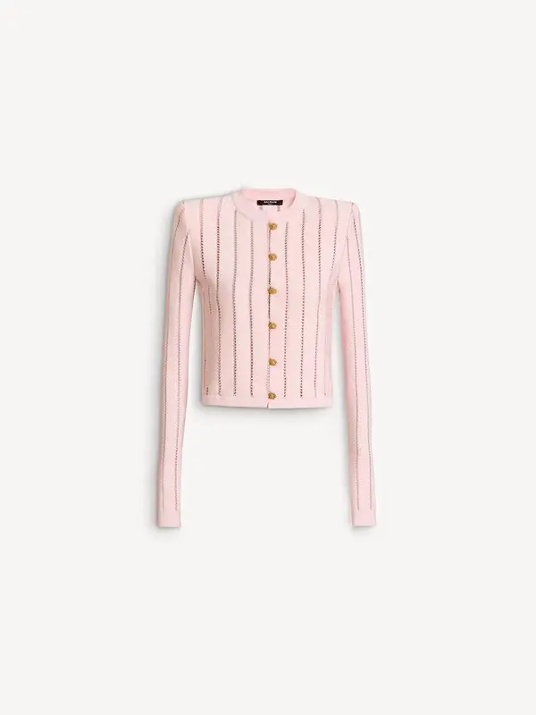 Balmain Cropped Fléchage Knit Cardigan With Lion Head Buttons - Pink