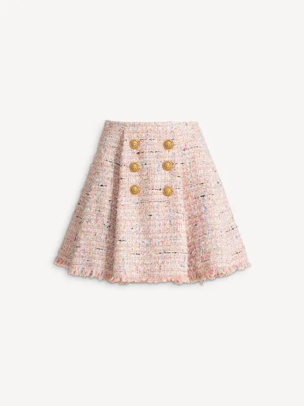 Balmain Flared Tweed Skirt With Gold Lion Head Buttons - Pink