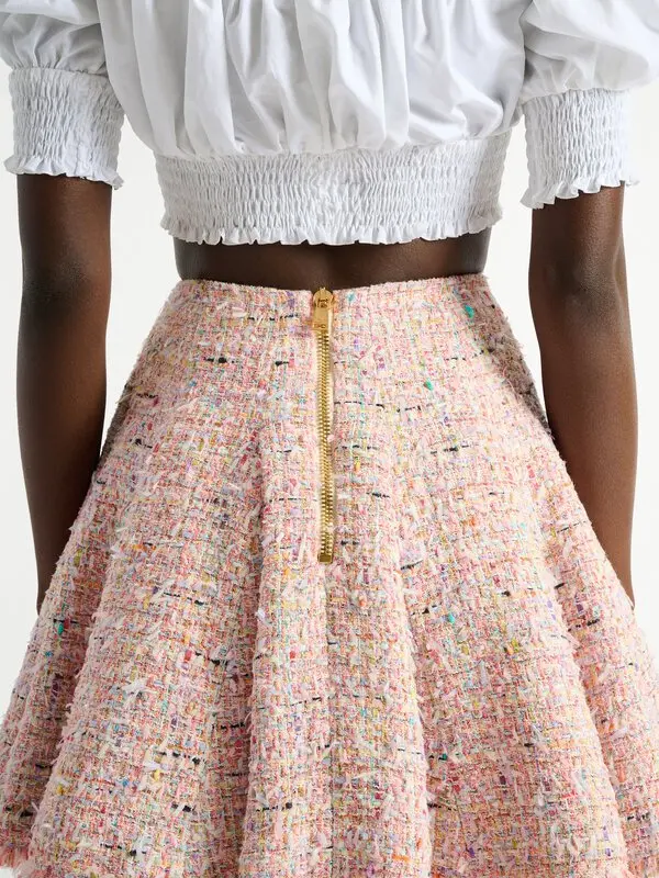 Balmain Flared Tweed Skirt With Gold Lion Head Buttons - Pink