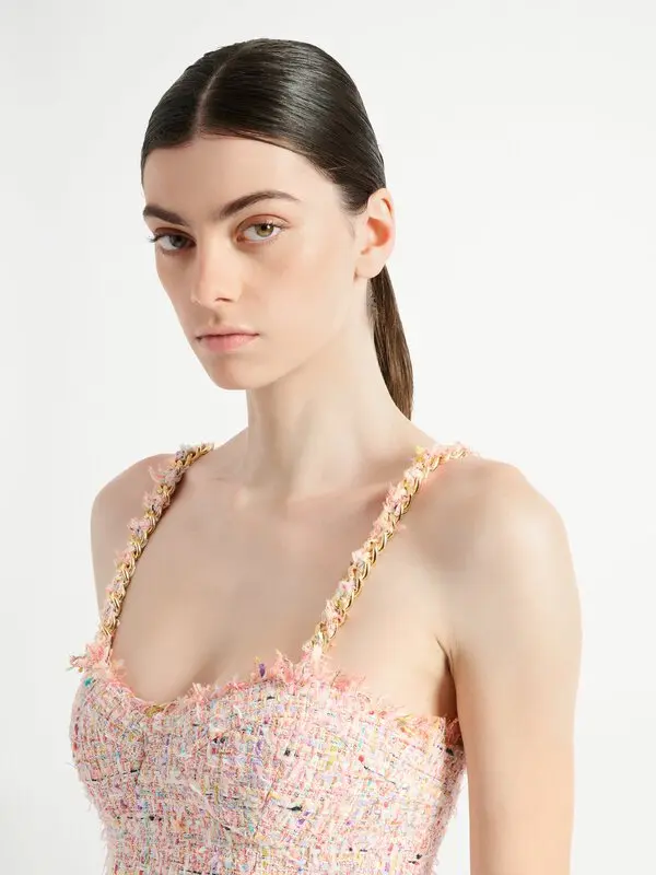 Balmain Flared Tweed Dress With Chain Straps