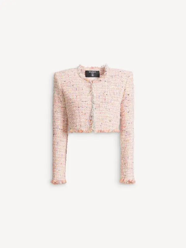 Balmain Cropped Tweed Jacket With Vintage Metal Button Detail - Pink