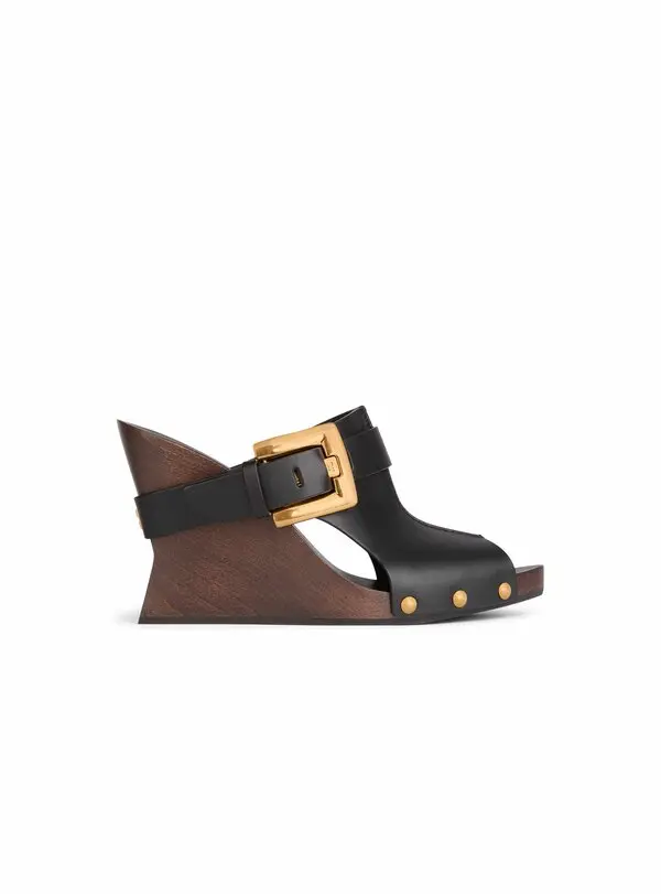 Balmain Anthem Wedge Leather Mules With Gold Buckle