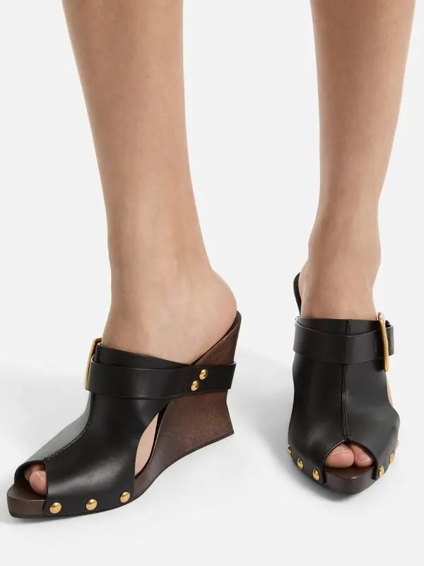 Balmain Anthem Wedge Leather Mules With Gold Buckle - Black