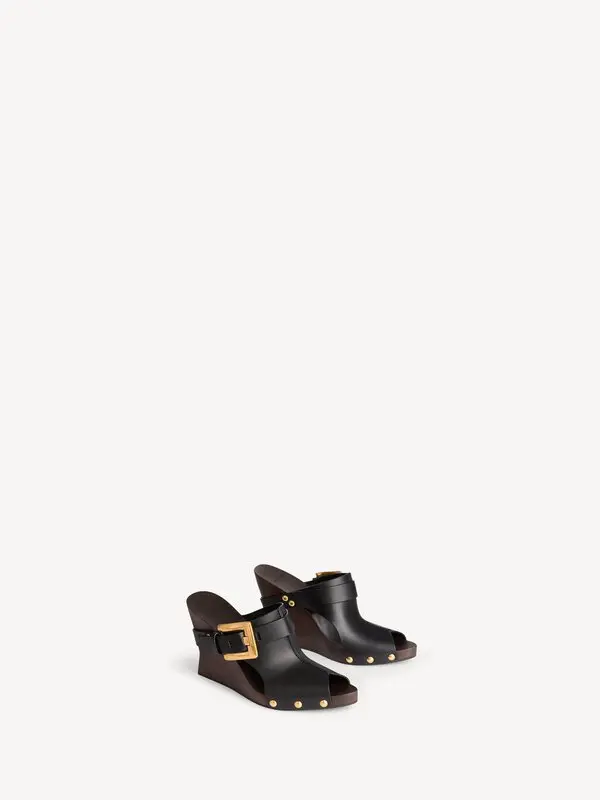 Balmain Anthem Wedge Leather Mules With Gold Buckle - Black