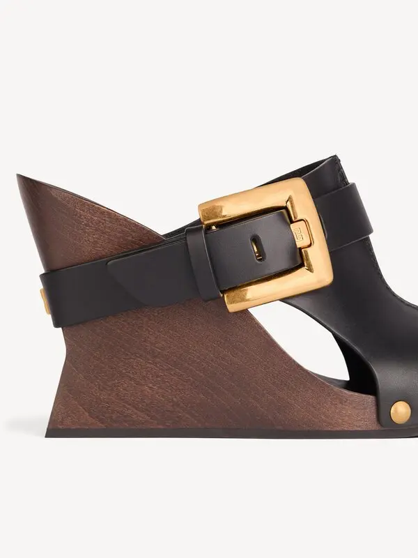 Balmain Anthem Wedge Leather Mules With Gold Buckle - Black