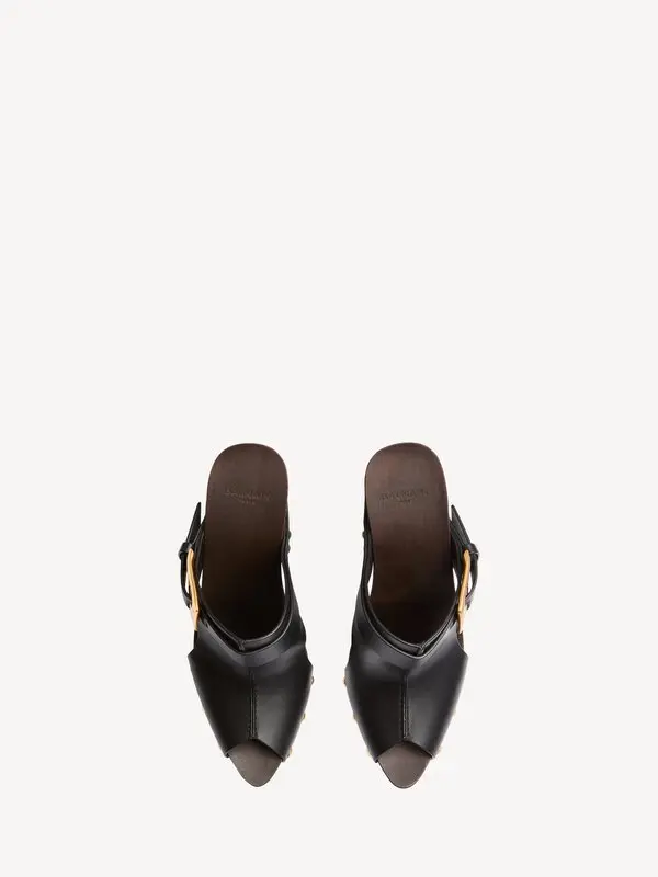 Balmain Anthem Wedge Leather Mules With Gold Buckle - Black