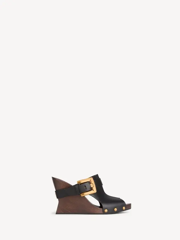 Balmain Anthem Wedge Leather Mules With Gold Buckle - Black