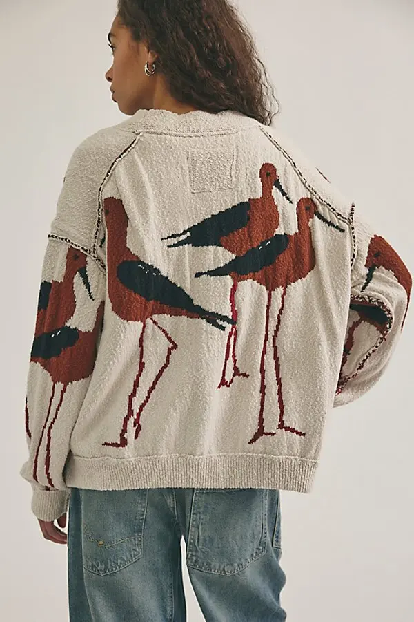 Free People We The Free Sandpiper Cardigan With Bird Motif - Ivory Combo
