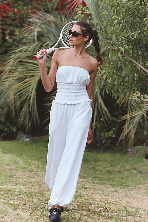 Free People Moonwake Strapless Smocked Jumpsuit - White