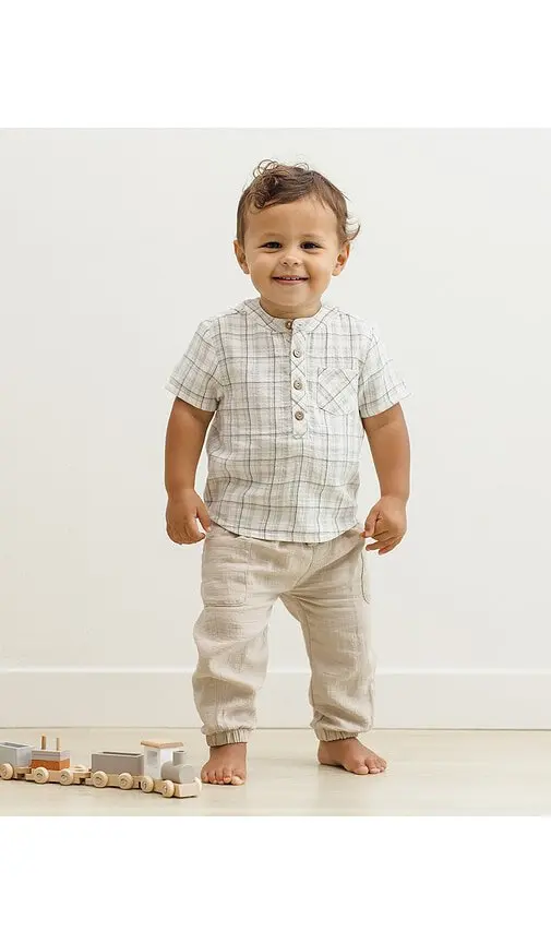QUINCY MAE Short Sleeve Plaid Shirt With Mandarin Collar