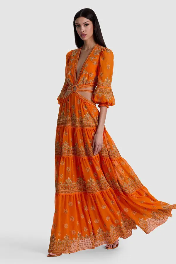 Alice + Olivia Embellished Ruffle Maxi Dress