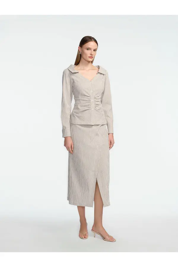 Lela Rose Striped Seersucker Open Neck Shirt
