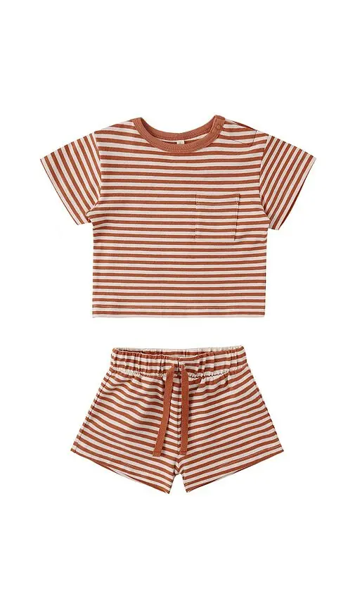 QUINCY MAE Boxy Pocket Tee & Short Set In Burnt Orange - Poppy Stripe