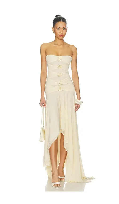 MAYGEL CORONEL Strapless Floral Accent Asymmetrical Gown - Macadamia