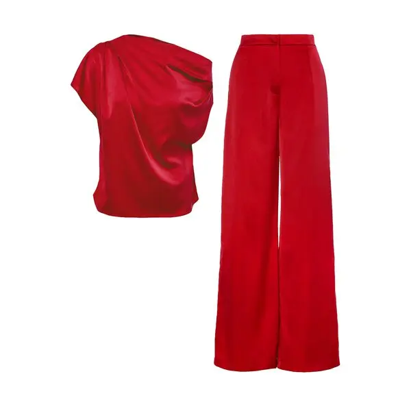 BLUZAT Asymmetrical Draped Top And Wide Leg Trousers
