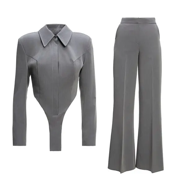 BLUZAT Set: Body Shirt And Straight Trousers - Grey