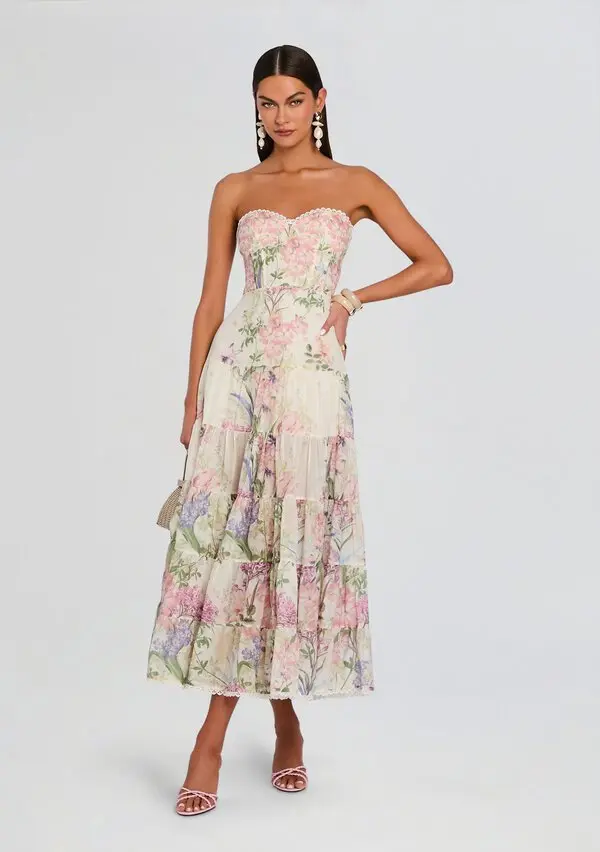 Charo Ruiz Ibiza Strapless Floral Tiered Maxi Dress - Cream Botanic