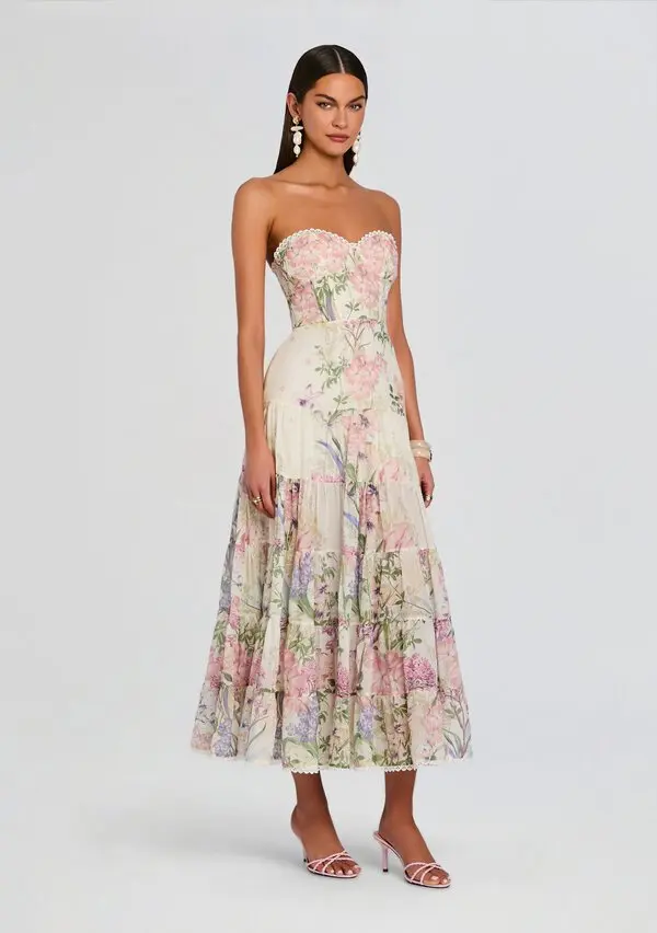 Charo Ruiz Ibiza Strapless Floral Tiered Maxi Dress - Cream Botanic