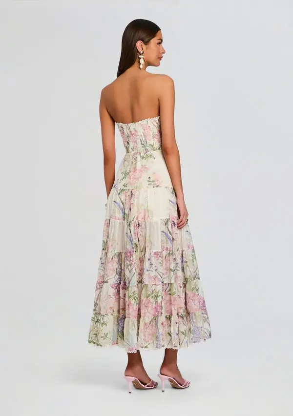Charo Ruiz Ibiza Strapless Floral Tiered Maxi Dress - Cream Botanic