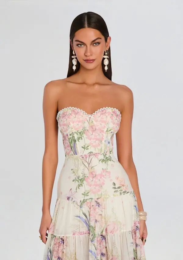 Charo Ruiz Ibiza Strapless Floral Tiered Maxi Dress - Cream Botanic