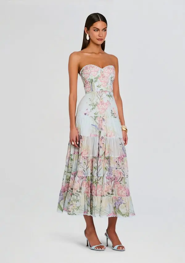 Charo Ruiz Ibiza Strapless Floral Print Tiered Maxi Dress - Blue Botanic
