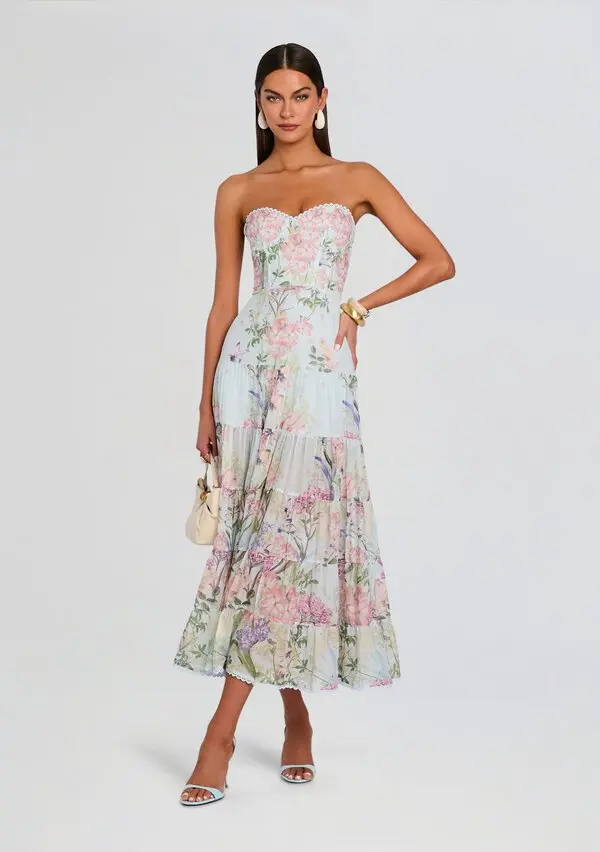 Charo Ruiz Ibiza Strapless Floral Print Tiered Maxi Dress - Blue Botanic