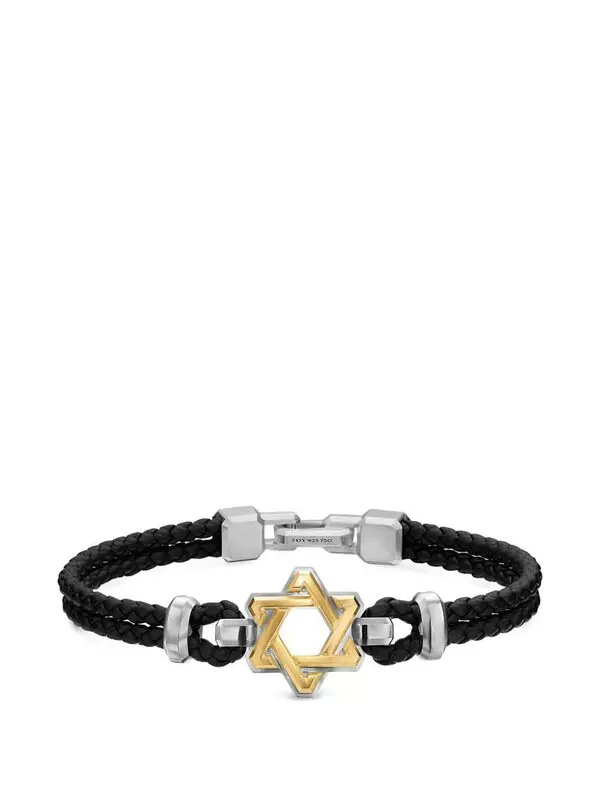 David Yurman Sterling And 14k Yellow Gold Star Of David Bracelet With Black Leather - Silver