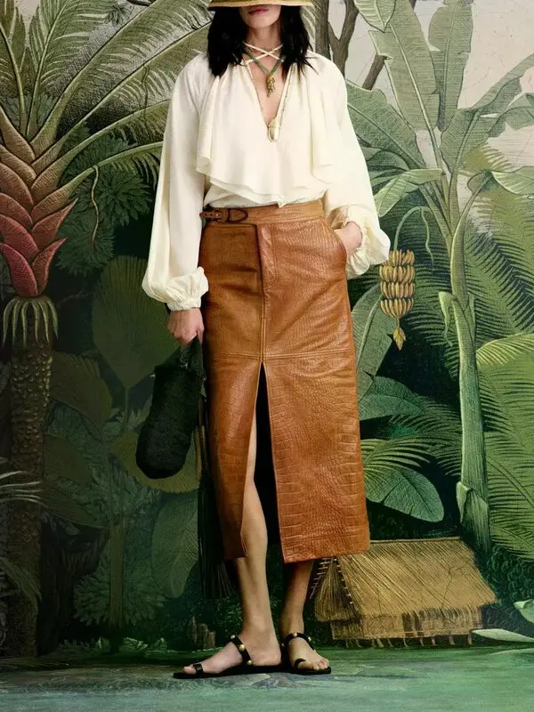 Johanna Ortiz Camel Croc-effect Leather Skirt