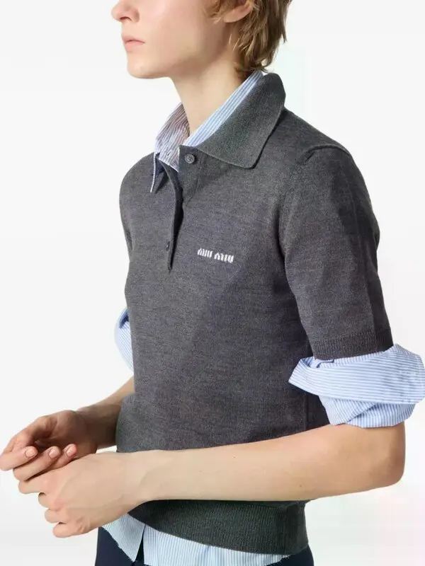Miu Miu Wool Knit Intarsia Logo Polo Shirt
