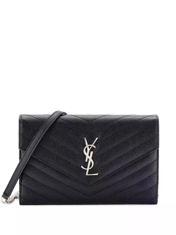 Saint Laurent Classic Monogram Wallet On Chain Matelasse Chevron Leather Small Crossbody Bag - Black