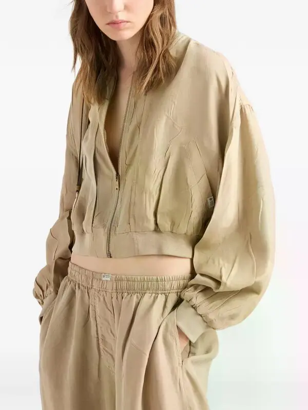 Prada Cropped Silk Bomber Jacket With Tonal Knit Details