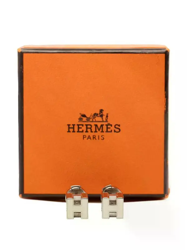 Hermès Palladium Plated And Enamel Cage D'h Push Back Earrings