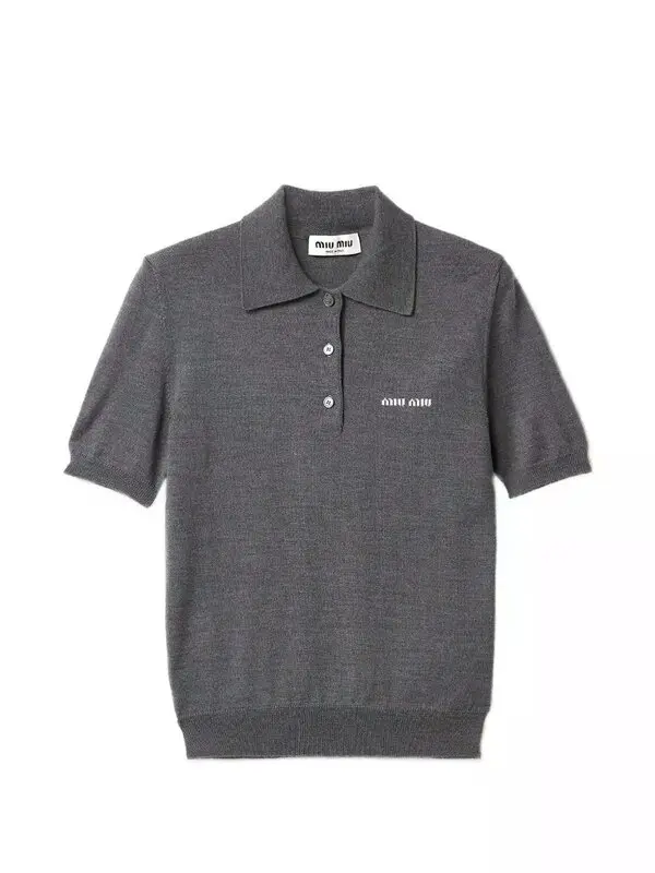Miu Miu Wool Knit Intarsia Logo Polo Shirt - Grey