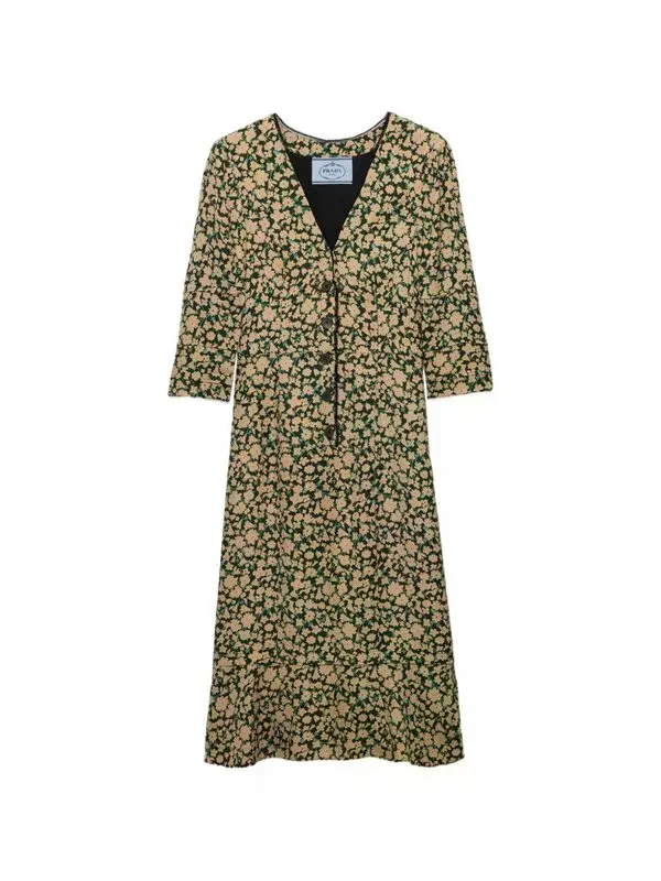 Prada Embroidered Printed Sable Dress - Green