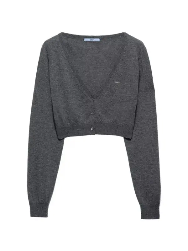 Prada Cropped Cashmere Cardigan With Lettering Logo - Grey