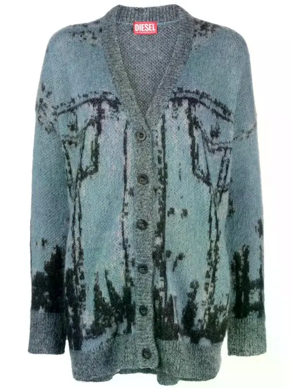 DIESEL® Mohair Blend Patterned Intarsia Knit Cardigan
