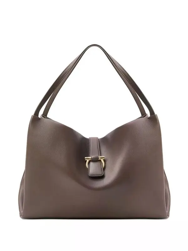 FERRAGAMO Large Mia Gancini Plaque Leather Tote Bag - Brown