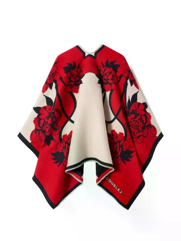 La DoubleJ Floral Print Wool Poncho - Red