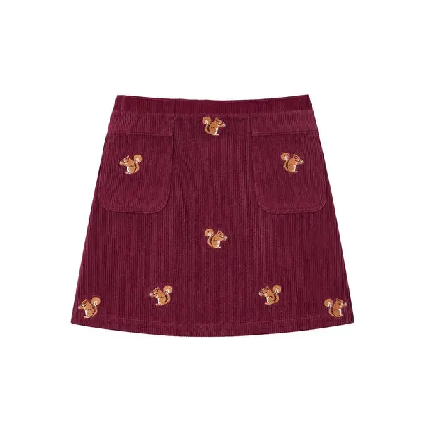 YUMI Embroidered Squirrel Corduroy Mini Skirt
