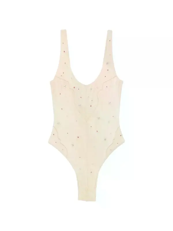 VENUJA Crystal Embellished V-neck Swimsuit - Neutrals