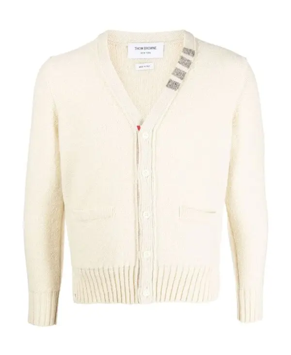 Thom Browne V-neck Cardigan With Striped Details - White