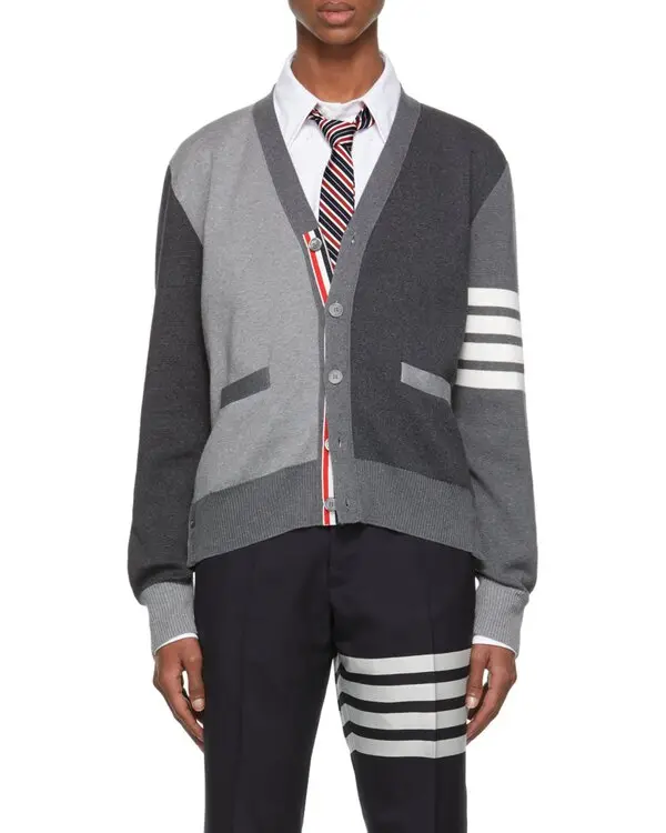 Thom Browne Color-block V-neck Cardigan With Striped Details - Black