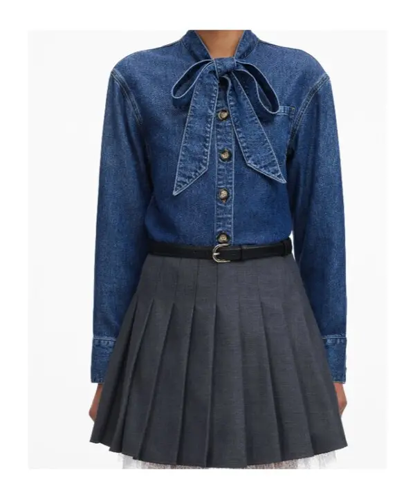 SELF-PORTRAIT Pussy-bow Denim Shirt