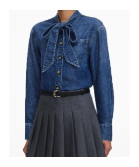 SELF-PORTRAIT Denim Tie Neck Shirt - Blue