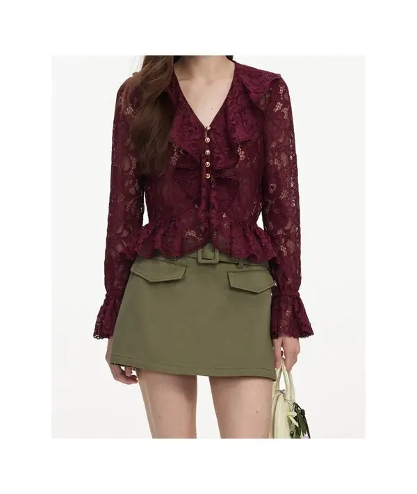 SELF-PORTRAIT Ruffled Lace Top - Plum