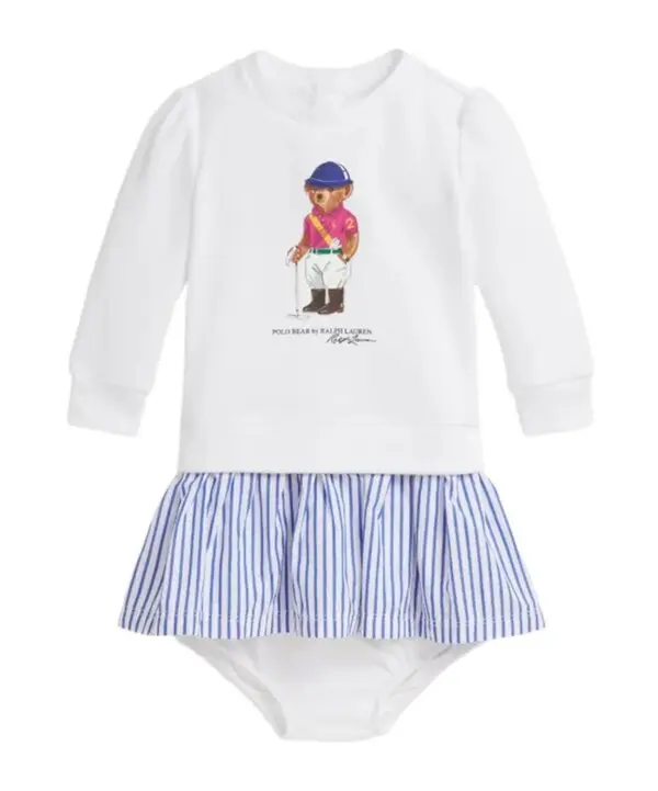 Polo Ralph Lauren Polo Bear Long-sleeve Dress Set With Pleated Skirt And Lantern Pants - White