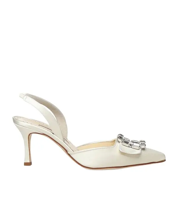 Manolo Blahnik Satin Slingback Heeled Pumps With Crystal Embellishment - Ivory